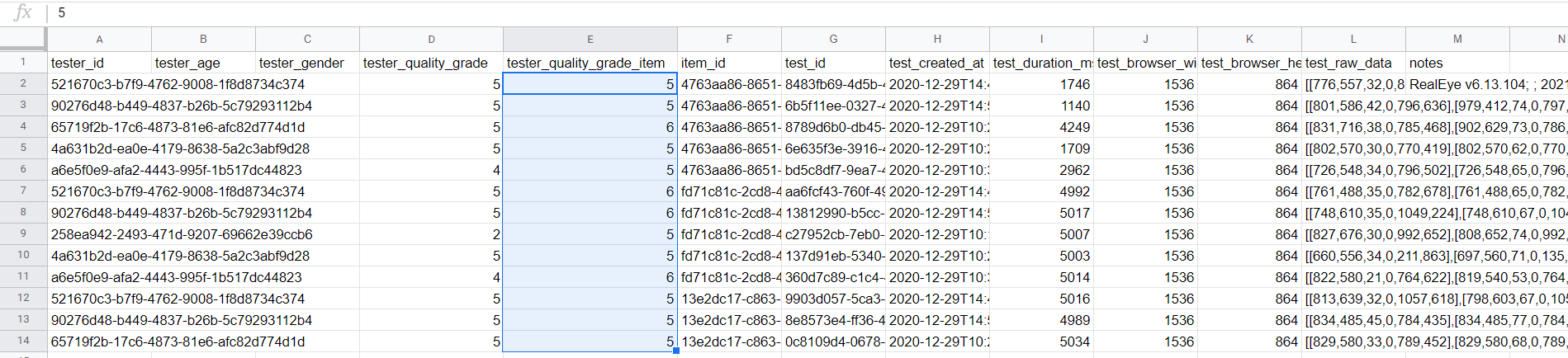 Downloading raw data CSV filtered by the item quality grade